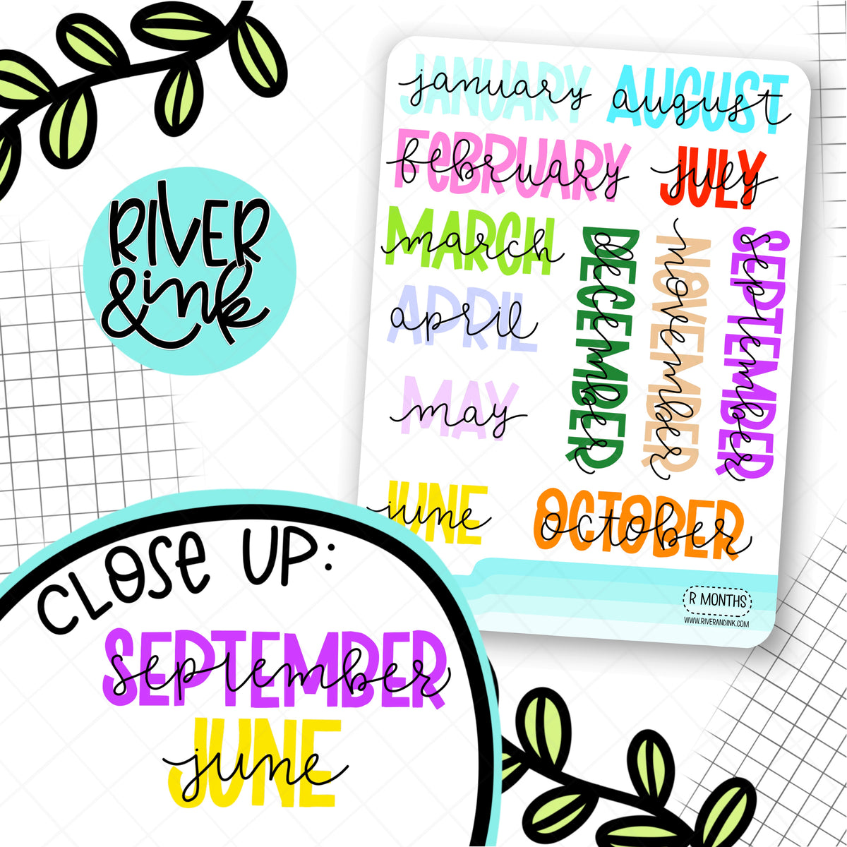Rainbow Month Headers | Hand Lettered Planner Stickers – River & Ink