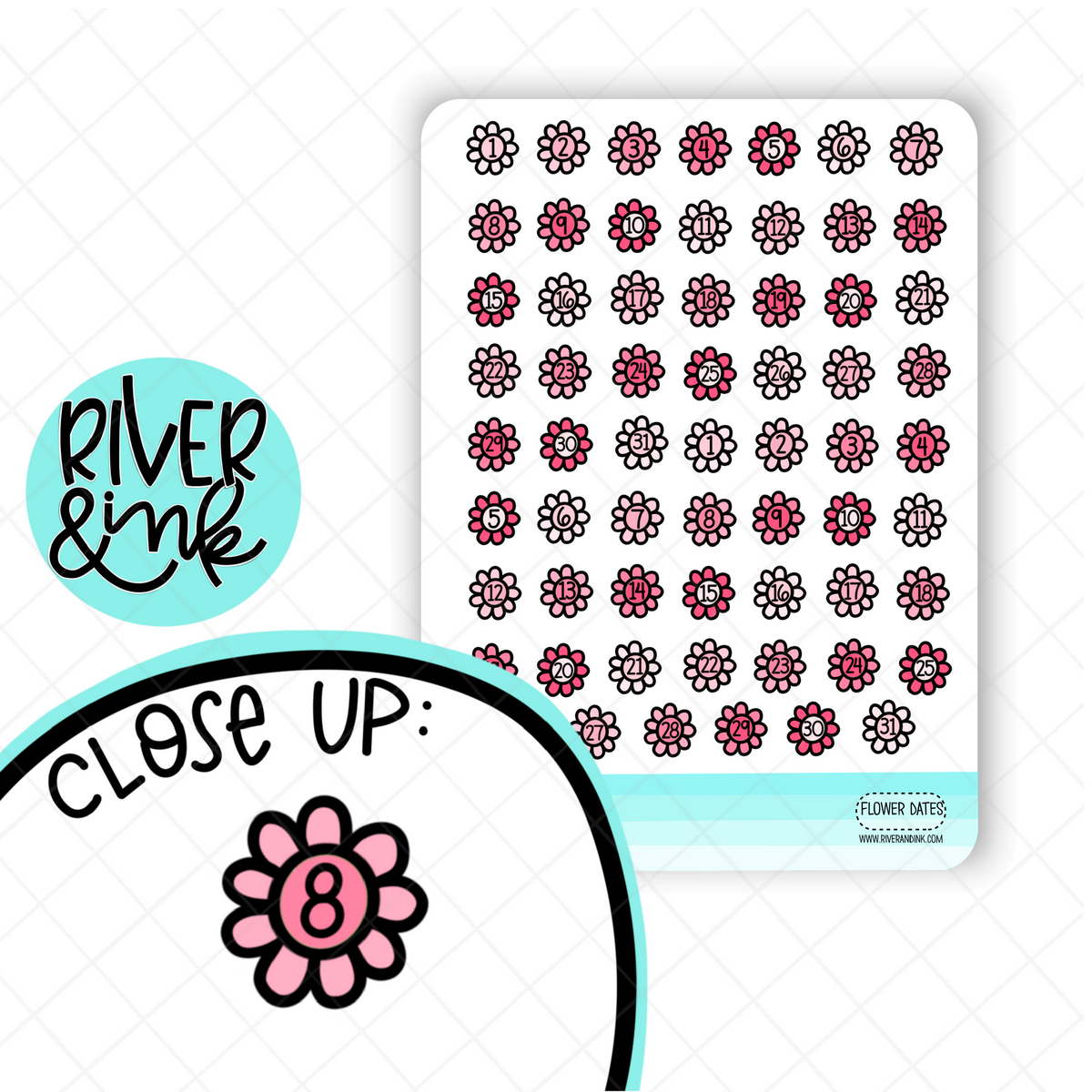 Flower Number Dates | Hand Drawn Planner Stickers – River & Ink